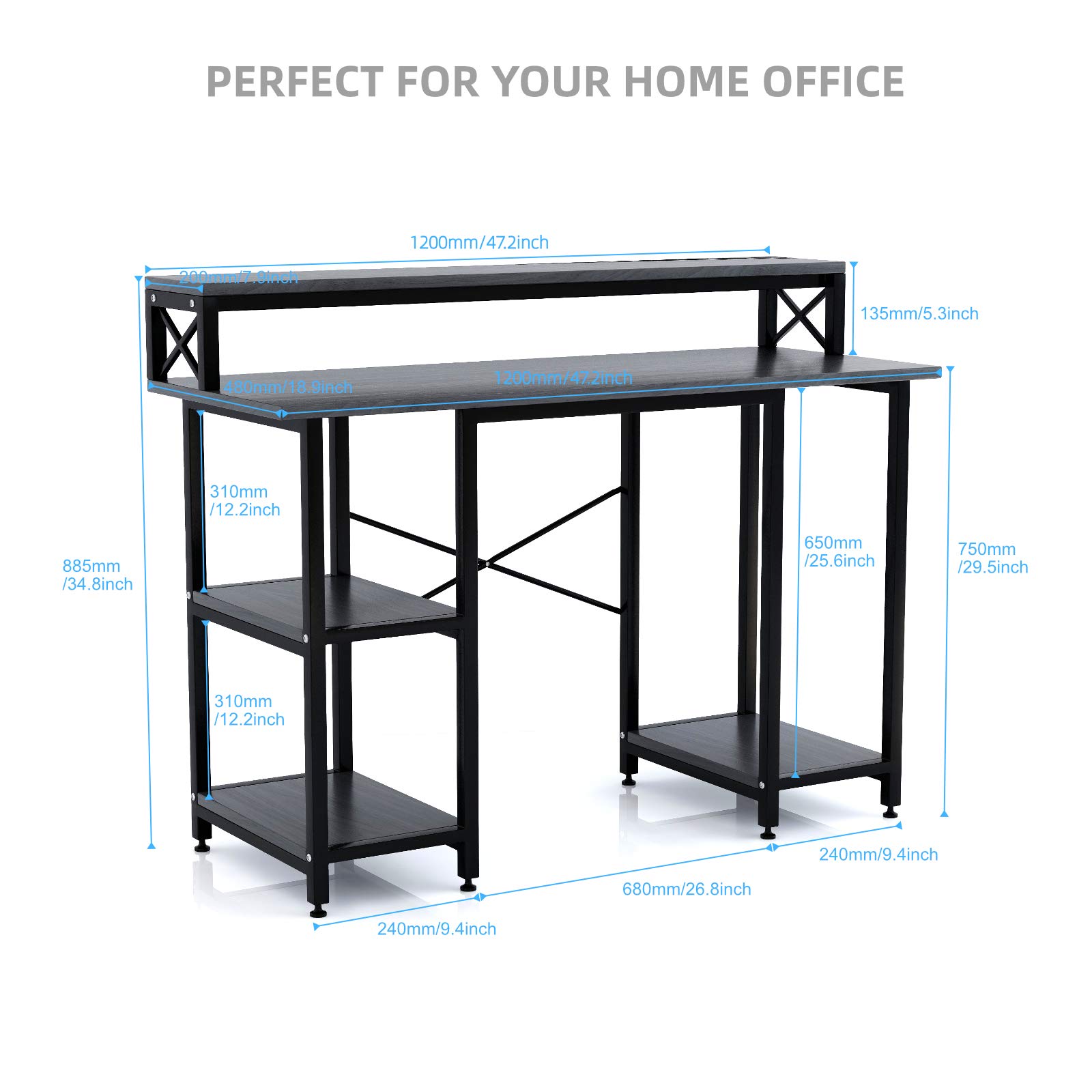 Computer Desk with Shelves - Writing Study Desk with Monitor Stand Shelf/Bookshelves/CPU Stand,Modern Study Table Stable Metal Frame Student Desk for Small Space Home Office Workstation(Black)