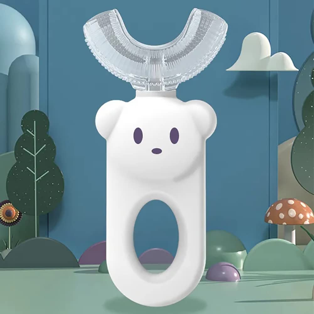 lewedo Kids U-Shaped Toothbrush 2 Pcs, 360 All Around U Shaped Toothbrush, Liquid Silicone U-Shaped Cartoon Kids Brush for Age 2-6, Brown & White