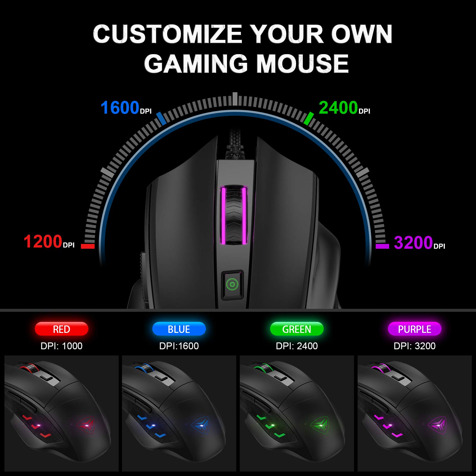 CP3 Wired Gaming Mouse 3200 DPI Adjustable Computer Mouse 6 Buttons PC Gaming Mice with 4 LED lighting for Desktop Laptop and PC, Compatible with Windows 7/8/10/XP Vista Linux