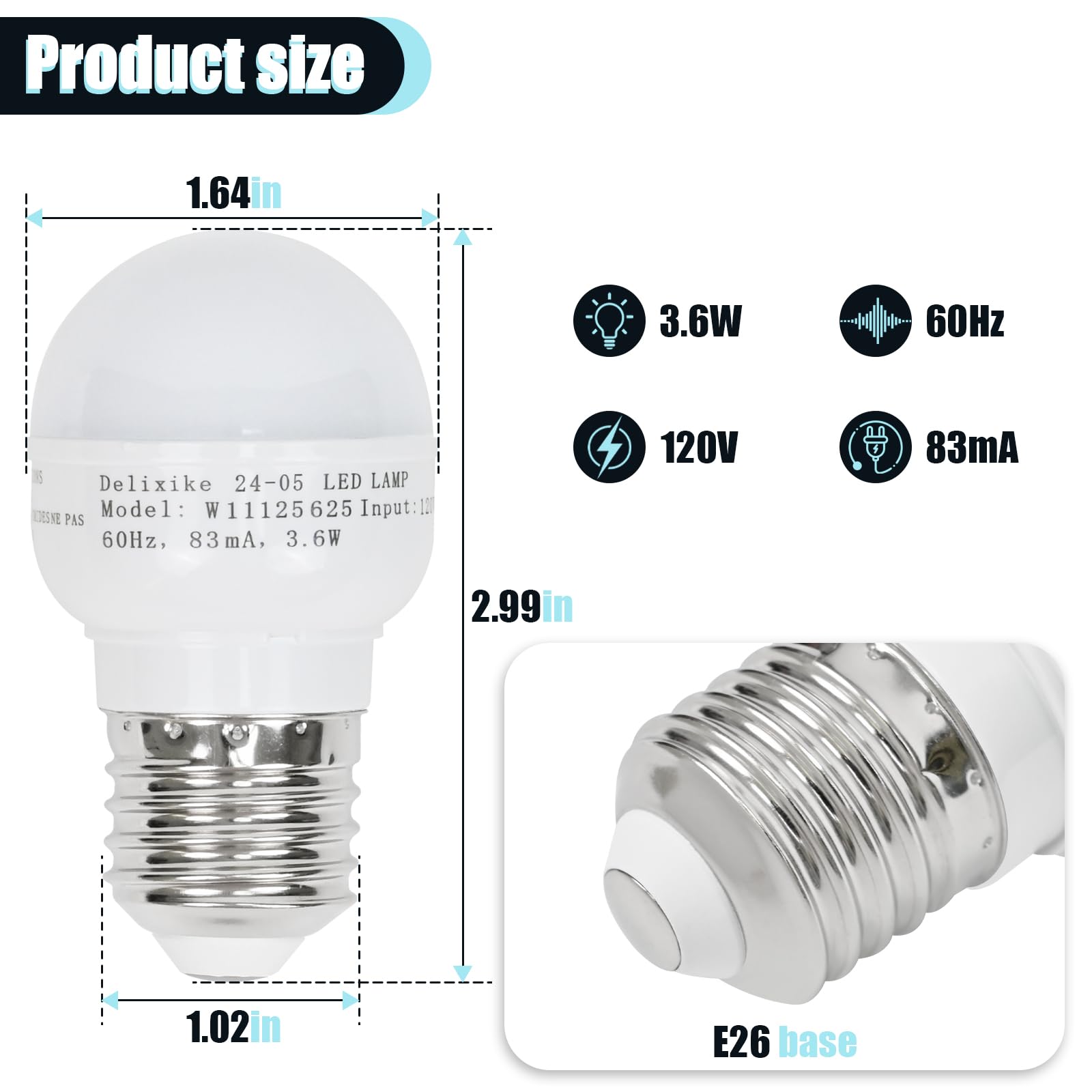 Delixike Refrigerator Accessories W11216993 W11125625 for Whirlpool Refrigerator Light Bulb Replacement AP6329125 4813672, PS12349398, W10820003, W11125625. Freezer Light Bulb White,3.6 Watt