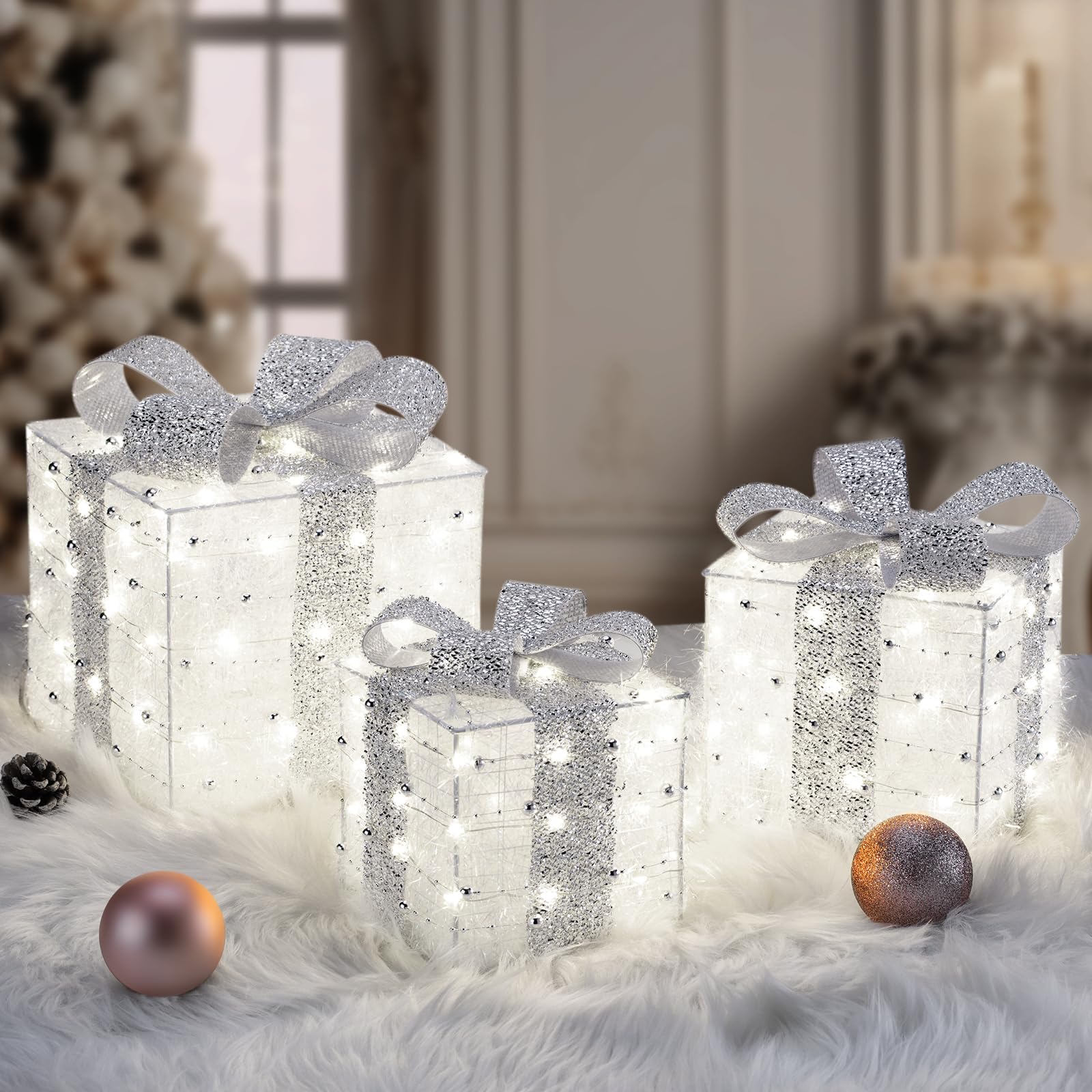 Christmas Lighted Gift Boxes, 140 LEDs Light Up Presents Christmas Decor, 8 Modes & Timer Function Plug-in Lighted Christmas Boxes, Set of 3 Christmas Decoration for Xmas Holiday Party Indoor Outdoor