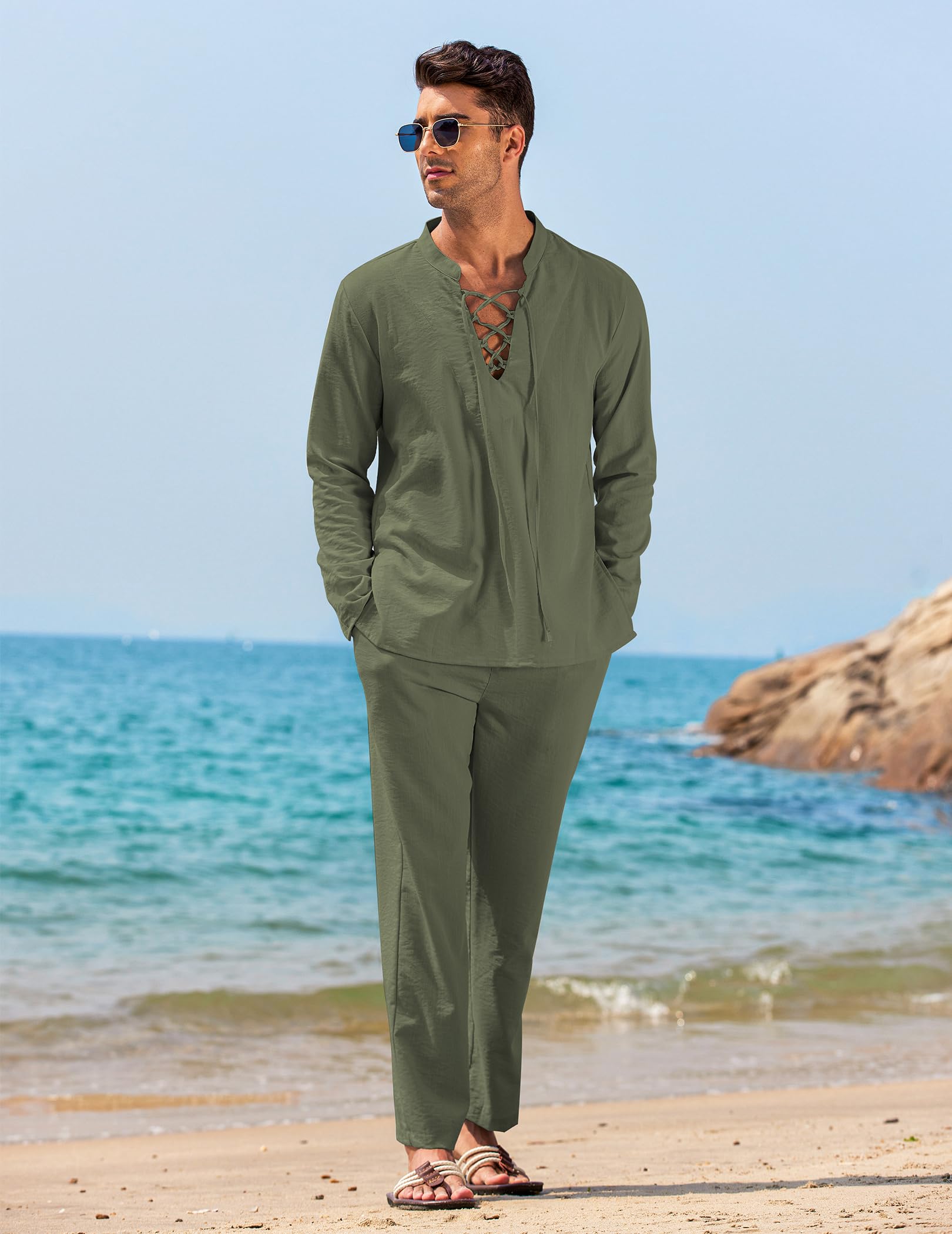 COOFANDY Men's 2 Piece Linen Sets Casual Long Sleeve Shirt and Loose Pants Set Beach Vacation Outfits, Army Green, Large