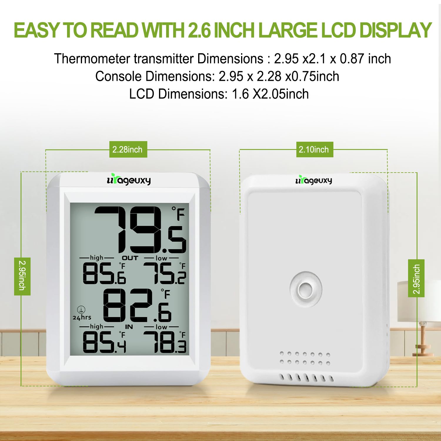 Urageuxy Indoor Outdoor Thermometer Wireless Digital Thermometer with Indoor and Outdoor Temperature Display for Home Room Monitoring
