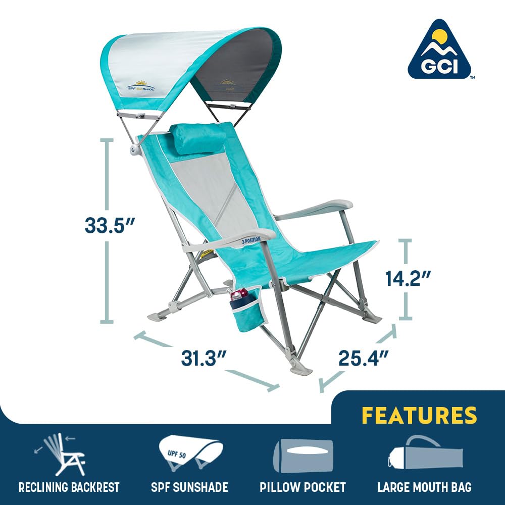 GCI Outdoor Sunshade Recliner Beach Chair | Collapsible Folding Canopy Shade Chair with Durable Armrests, Drink Holder & Portable Carry Bag, Perfect for Beach Trips & Picnics β Seafoam Green