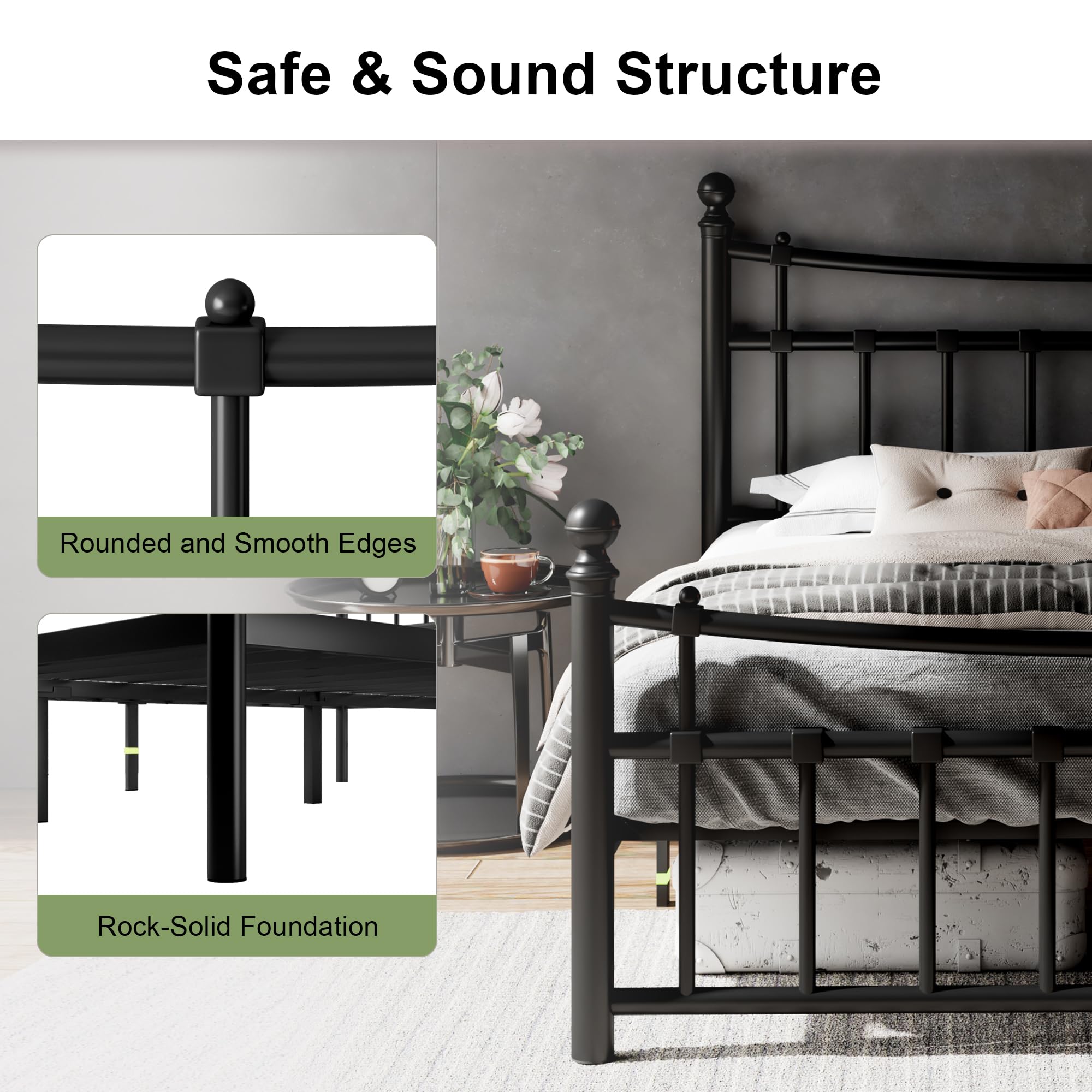 Feonase Queen Size Metal Bed Frame with Modern Iron-Art Headboard & Footboard, Platform Bed Frame with 12" Storage Space, Hardened Steel Slats, No Box Spring Needed, Black
