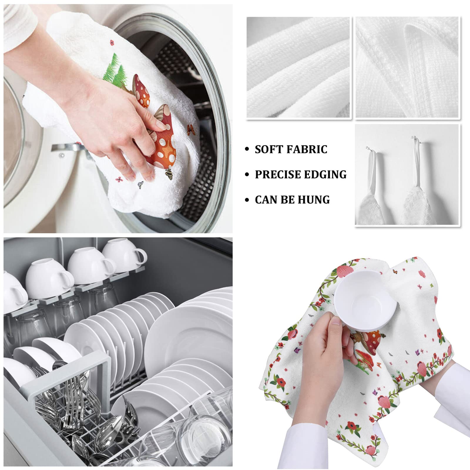 Dish Towels for Kitchen,Hand Towel Cleaning Cloths Country Forest Mushroom Absorbent Fast Drying Dish Rags,Flower Green Leaf Branch Frame Bathroom Cloth Set of 2 with Hanging Loop