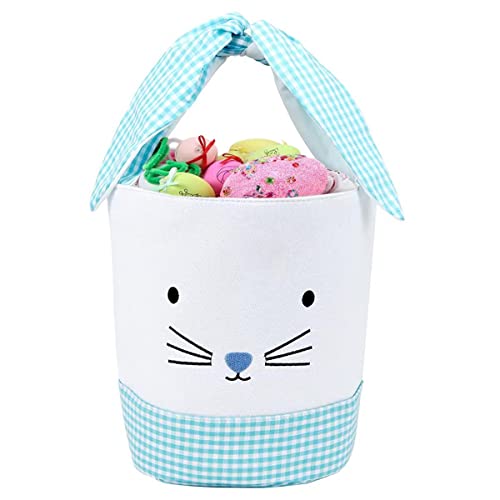 Leziazany Plaid Easter Bunny Basket Bags for Kids Canvas Egg Hunt Basket Bucket Monogrammed Rabbit Egg Gift Bags Polka Dot Portable Easter Tote Bag Party Candy Storage Decoration…