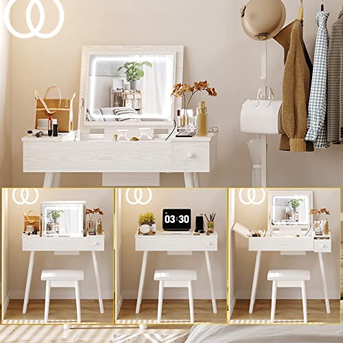 IRONCK Vanity Desk Set with LED Lighted Mirror & Power Outlet, Flip Top Makeup Vanity Table with Drawers & Cabinet,for Bedroom, Bathroom, Black