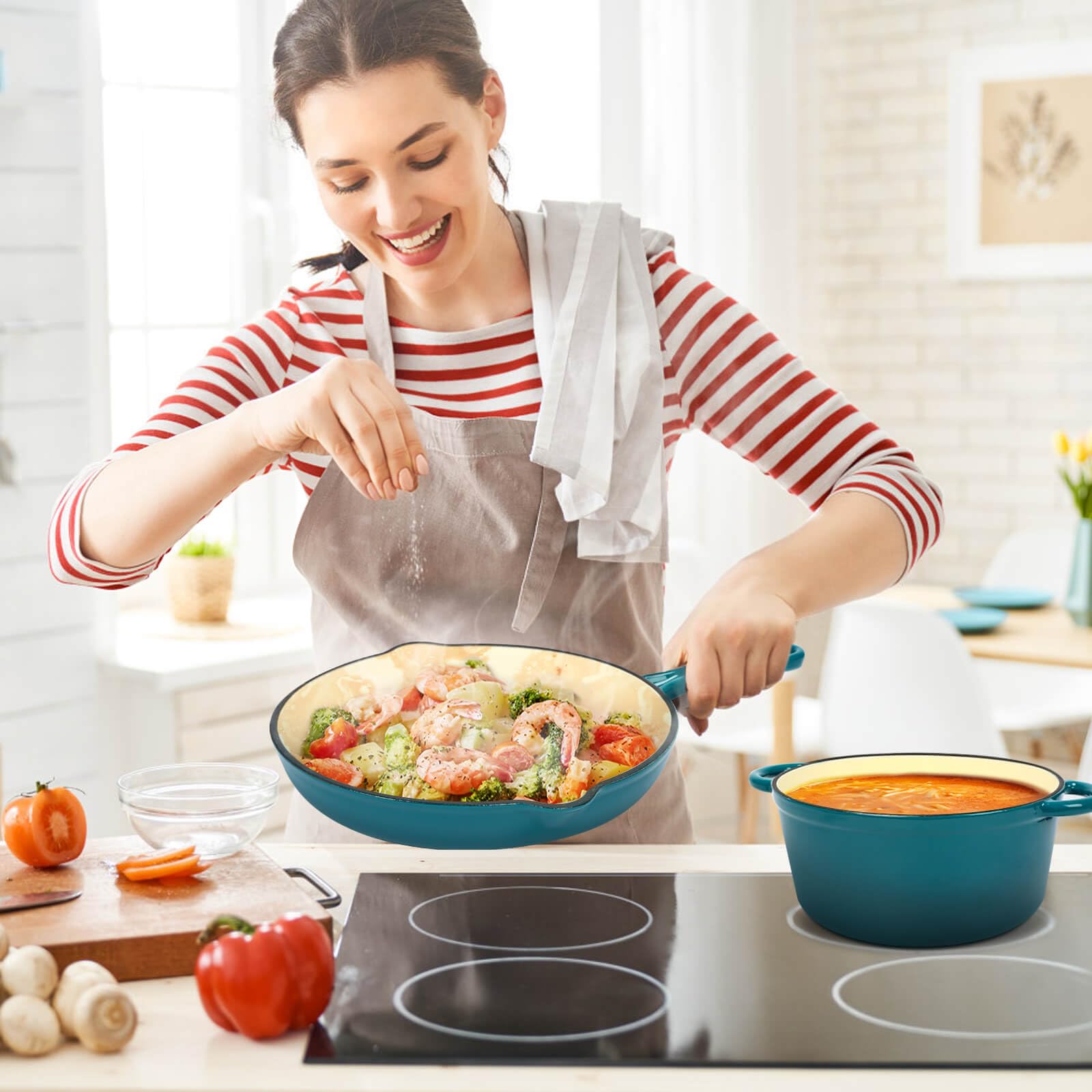 Enameled Cast Iron Cookware Set, 7 Piece Set of Dutch Ovens, Sauce Pan, Skillet, 3 Lids, Dutch Oven Set, Nonstick Ceramic Coated, Gas/Induction Compatible, PFA Free, Come with Organizer, Biscay Blue