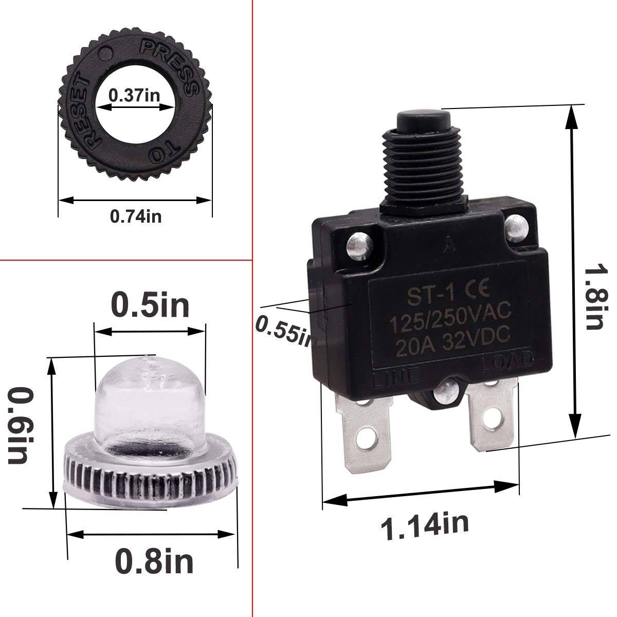smseace 2PCS 20Amp Electric Button Breaker 125/250VAC, Overload Protector with Manual Reset, Waterproof Button Cap ST-1-20A
