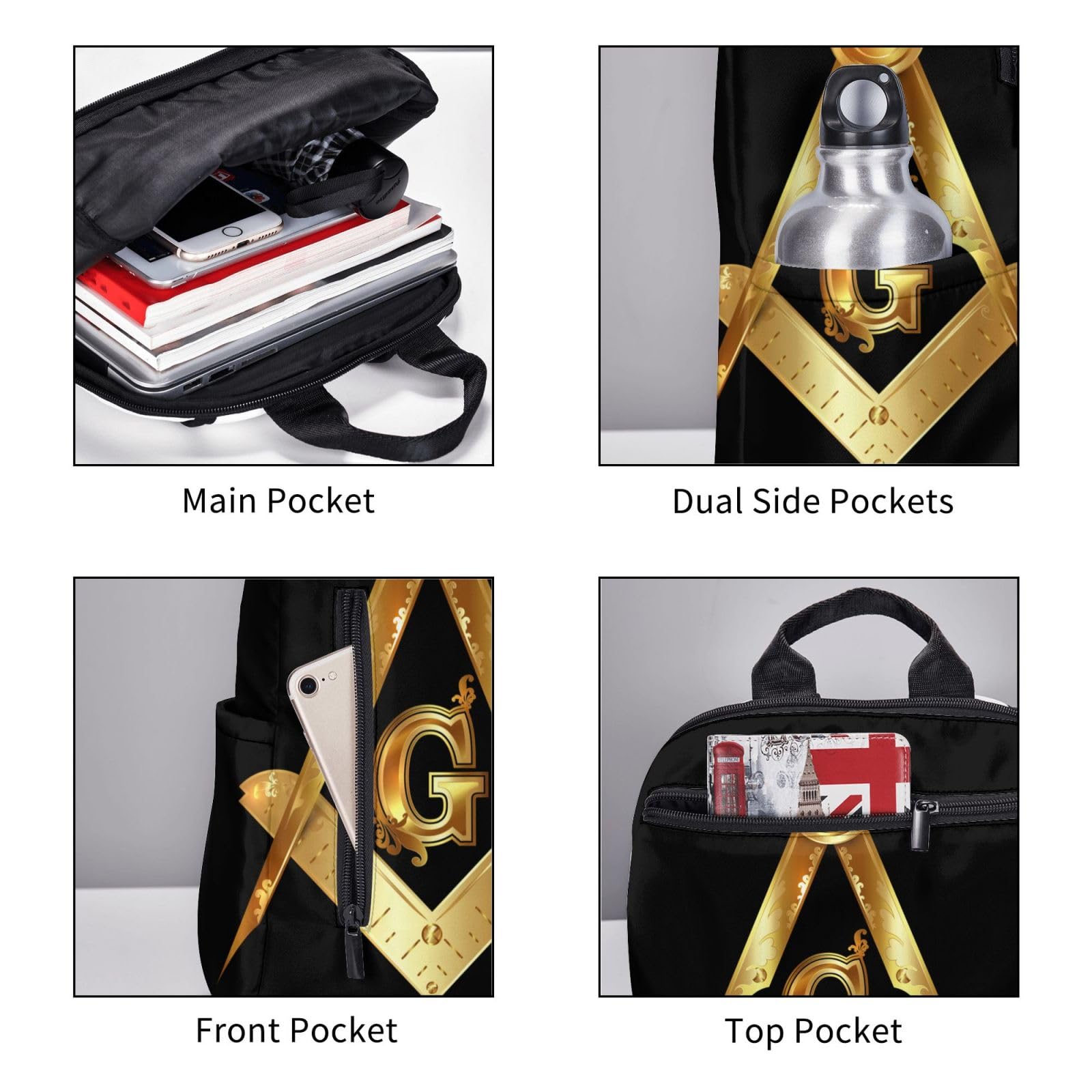 Cute Middle Backpack for Men Women, Lightweight Laptop Backpack Compatible with Gold Freemason Freemasonry Masonic Large Capacity Bookbag for Pencil Box Textbook Bottles