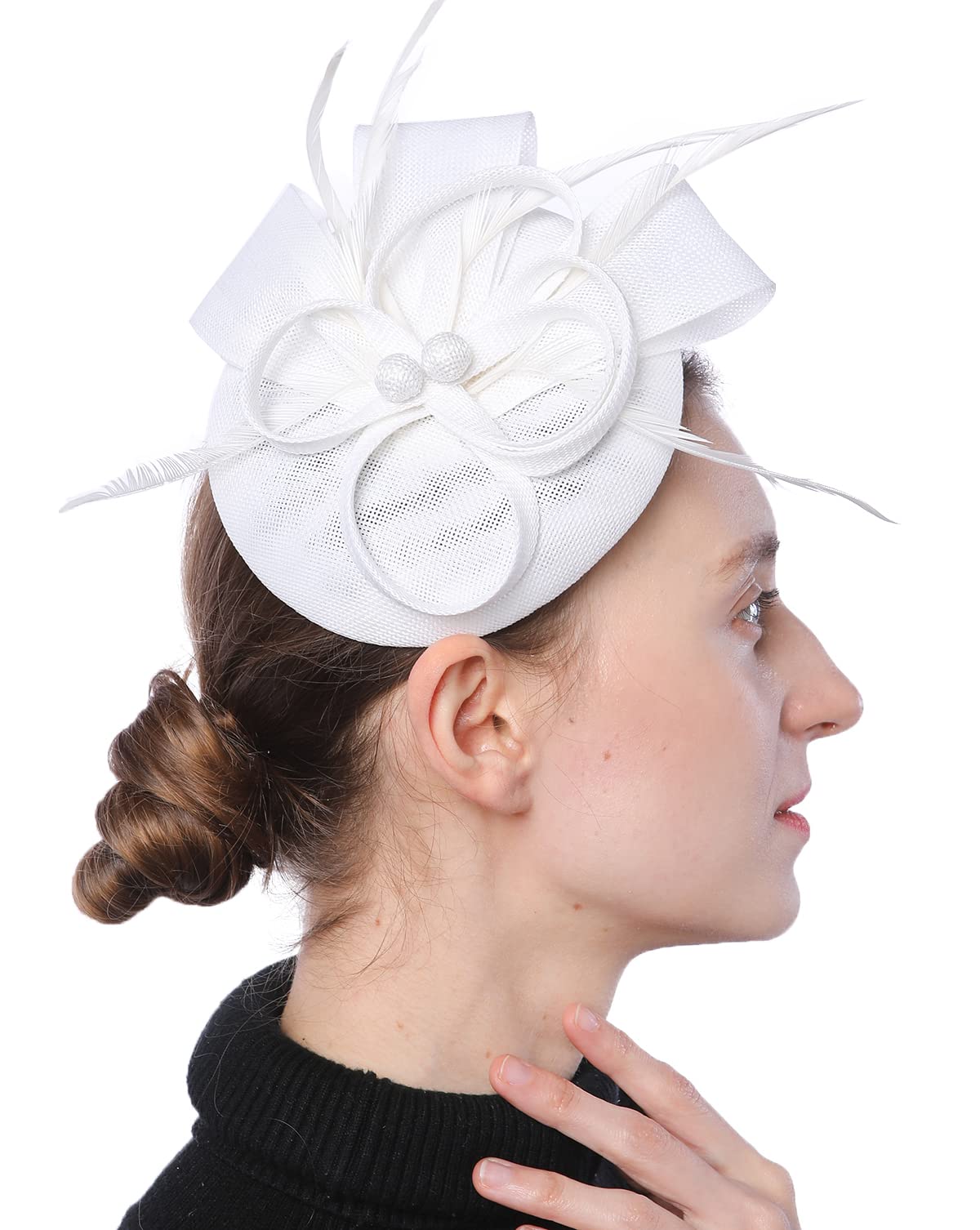 Coolwife Womens Fascinator Hat Sinamay Pillbox Flower Feather Tea Party Derby Wedding Headwear (A White)