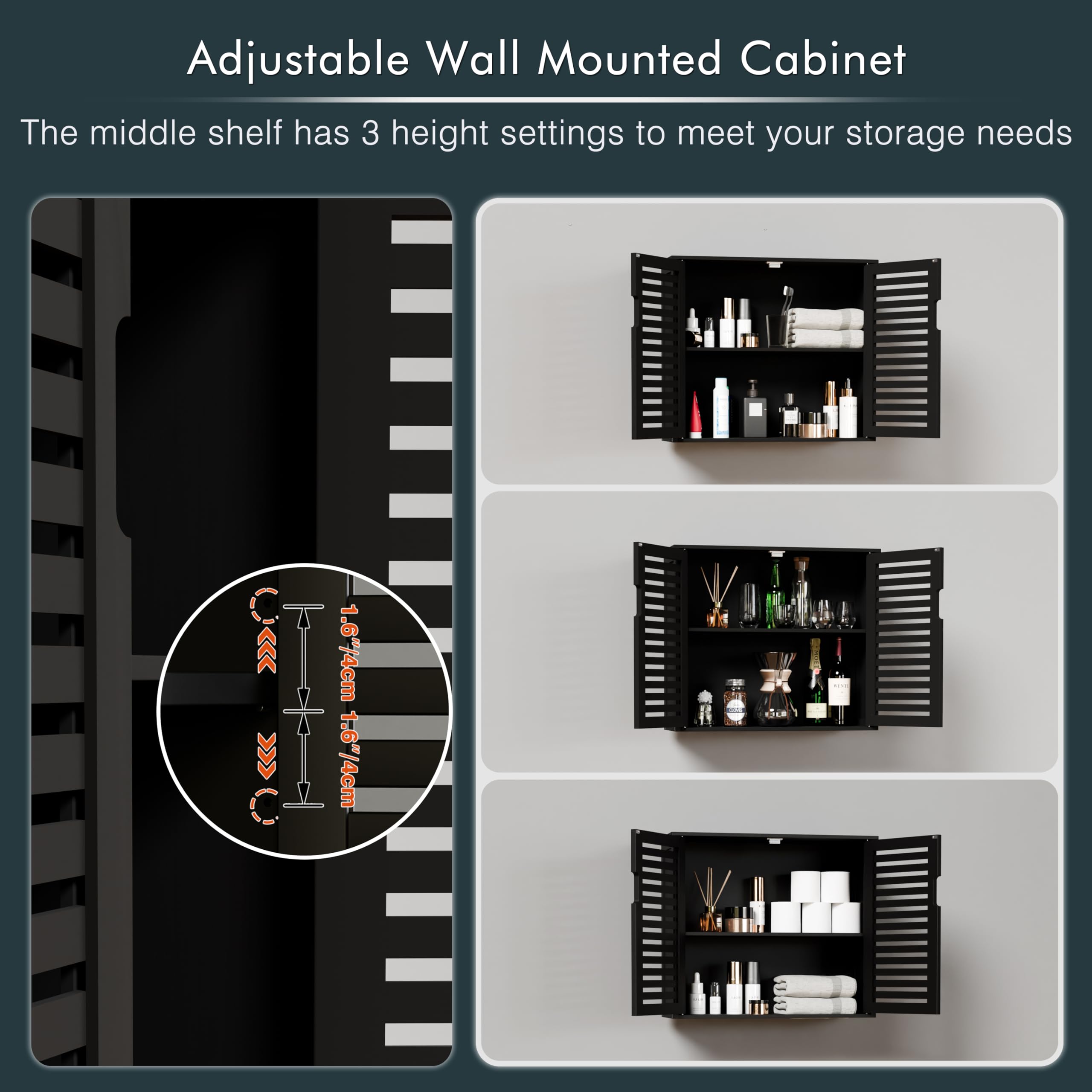 HITNET Black Bathroom Storage Cabinet, Hanging Medicine Cabinet with Adjustable Shelf, Bamboo Over The Toilet Wall Mounted Space Saver Organizer, Double Doors
