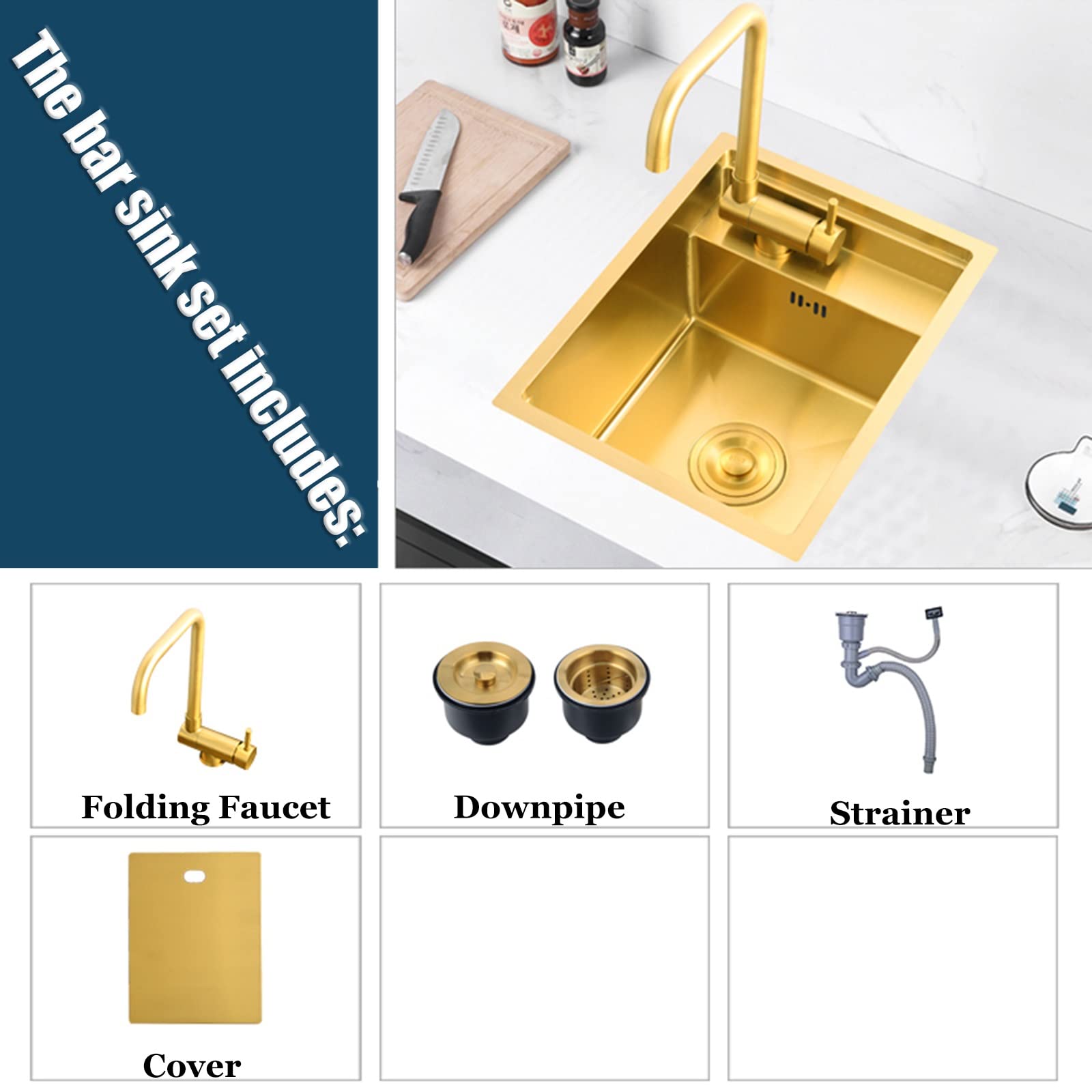 FAFACAI Kitchen Sink Golden Bar Sink Stainless Steel Set Balcony Mini Handmade Pool with Faucet Drop in Or Undermount (Color : Gold, Size : 45x30x23cm) (Gold 45x30x23cm)
