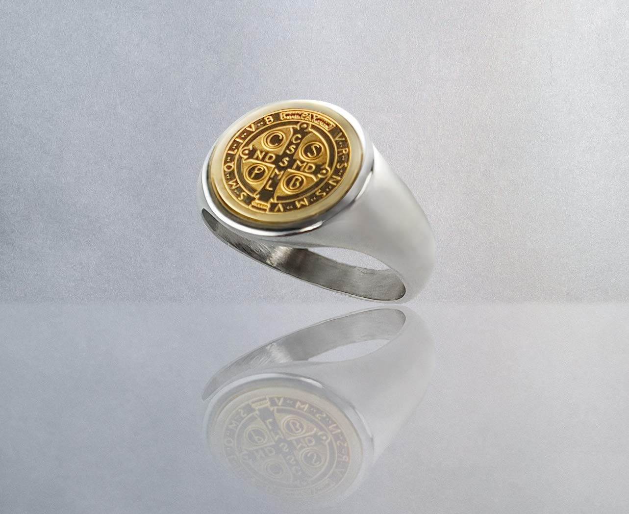 Catholic Unisex Gold Saint Benedict Ring Stainless Steel Catholic St Benedict Ring-St Benedict Holy Prayer Card Included (Gold) (6)