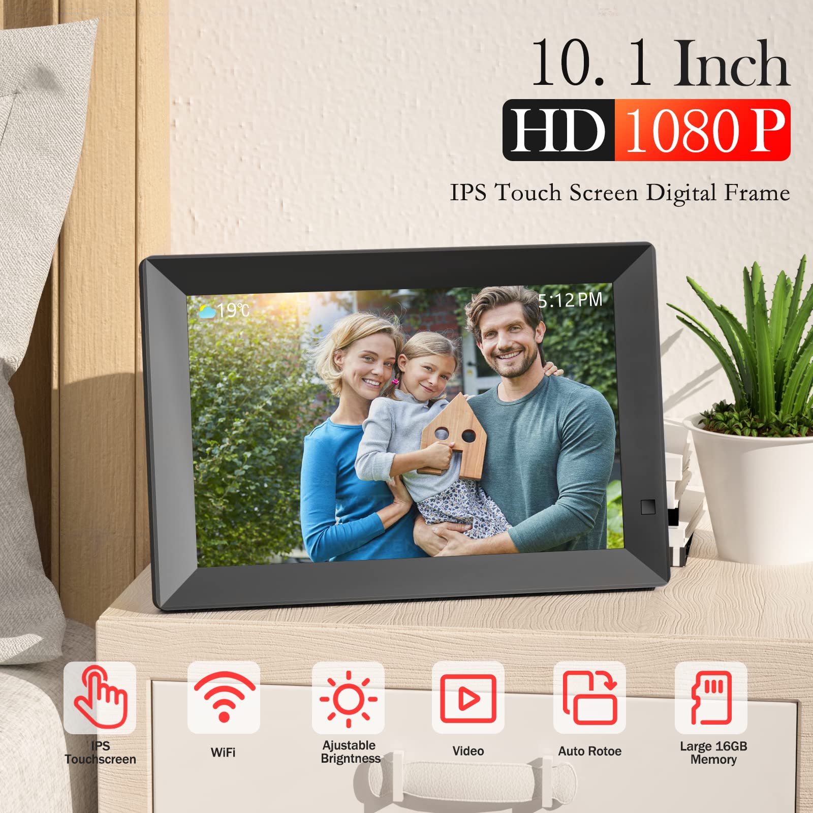 Digital Photo Frame 10.1 Inch, Bestdon Smart WiFi Cloud Digital Picture Frame, IPS Touch Screen, Auto-Rotate, 16GB Storage, Instantly Share Photos or Vedios Via BIU Frame Free App - Black