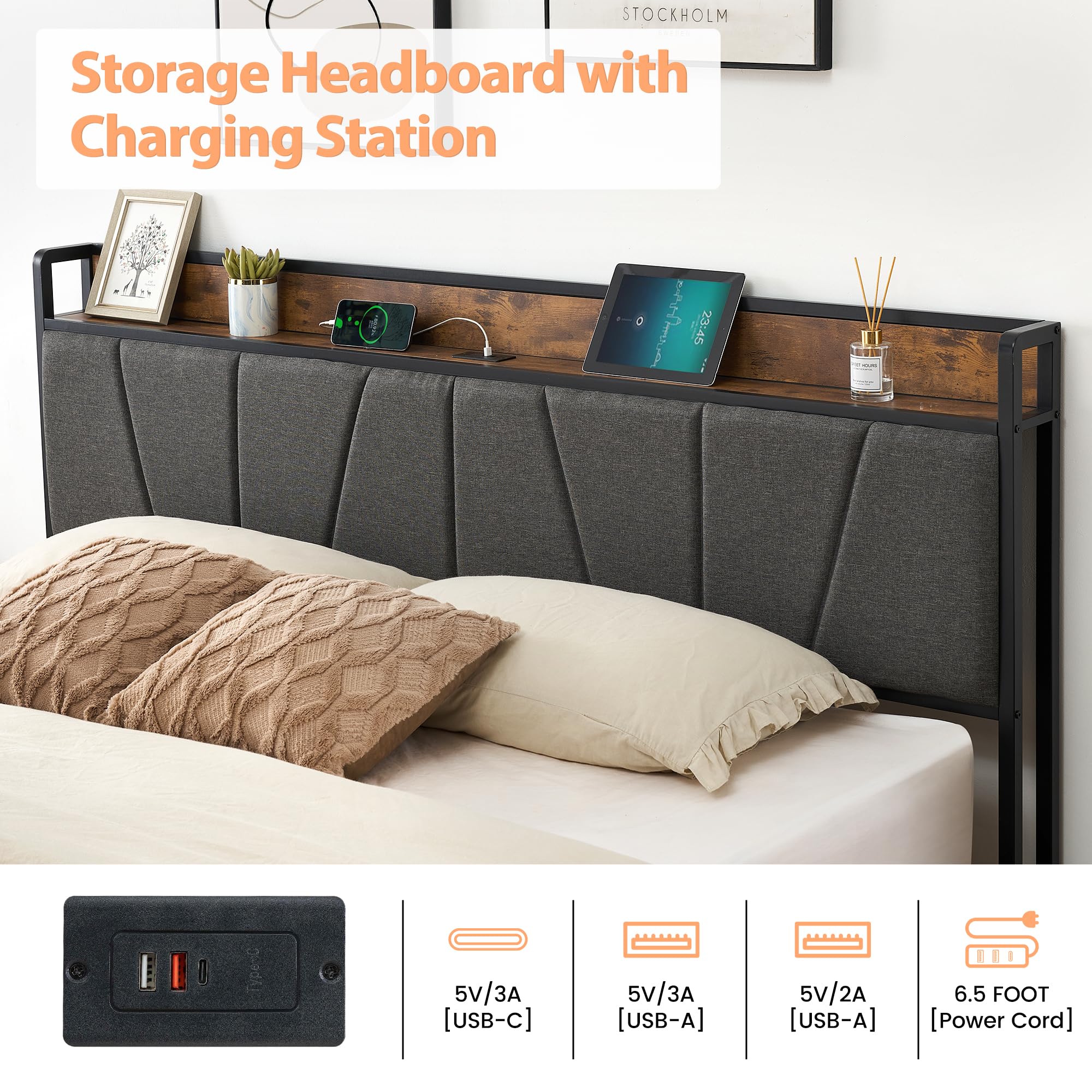 GAOMON King Size Bed Frame with Storage Headboard and 2 Drawers, Linen Upholstered Platform Bed Frame with Charging Station, Heavy Duty, No Box Spring Needed, Easy Assembly, Noise Free, Grey&Brown