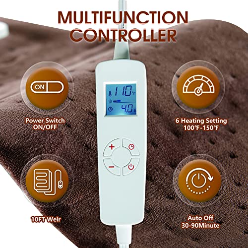 Mosabo Electric Heating Pad for Cramps and Back,Neck,Shoulder Abdomen Pain Relief,12"x24" Extra Large Heat Pad , LCD Controller Heated Pad with 6 Heating Levels - Adjustable Auto Off Time - Brown