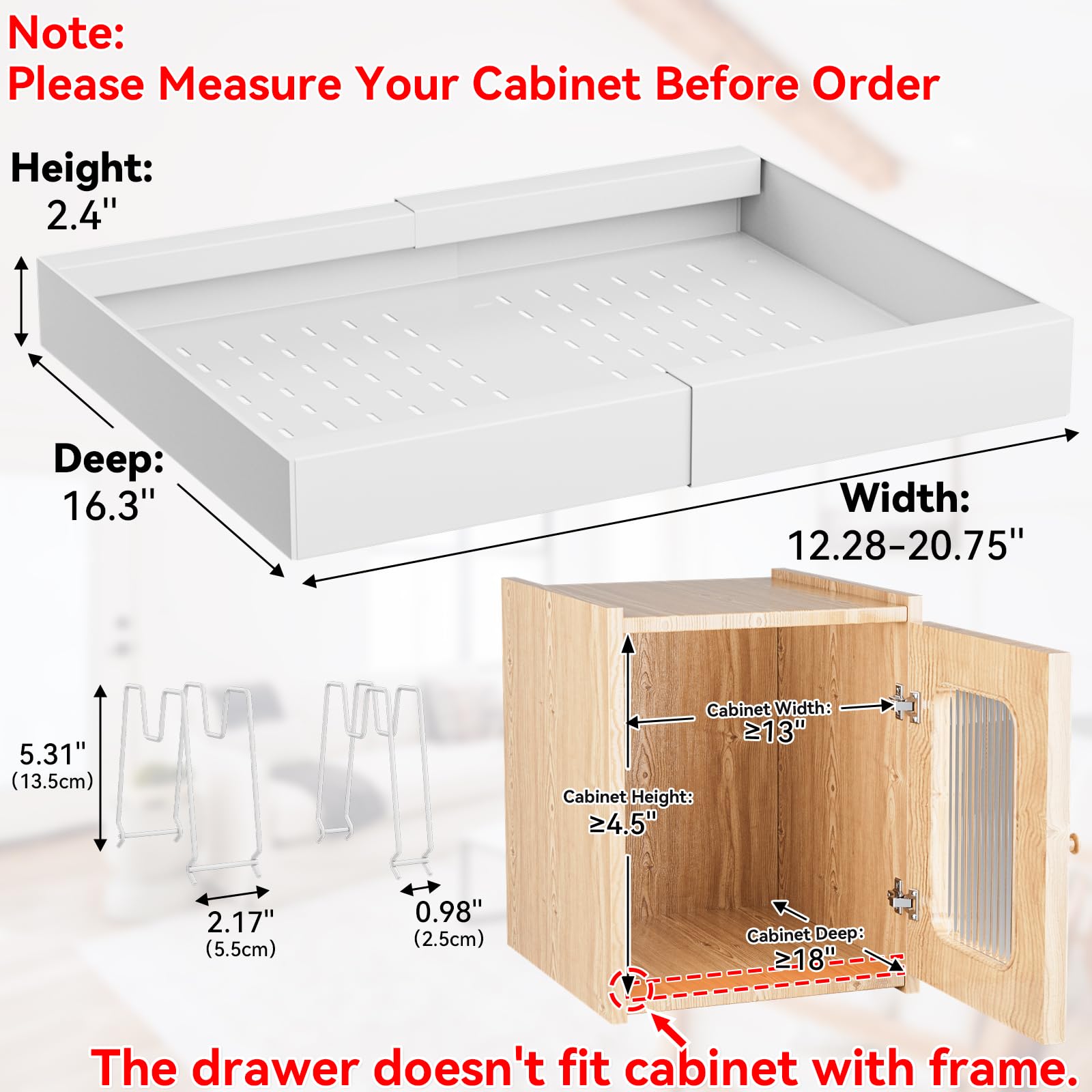 Expandable Pull Out Cabinet Organizer - Slide Out Cabinet Drawer Adhesive Kitchen Sliding Drawers with 4pcs Divider Racks for Pantry Bathroom Under Sink Home Storage, Width 12.2"-20.7",White