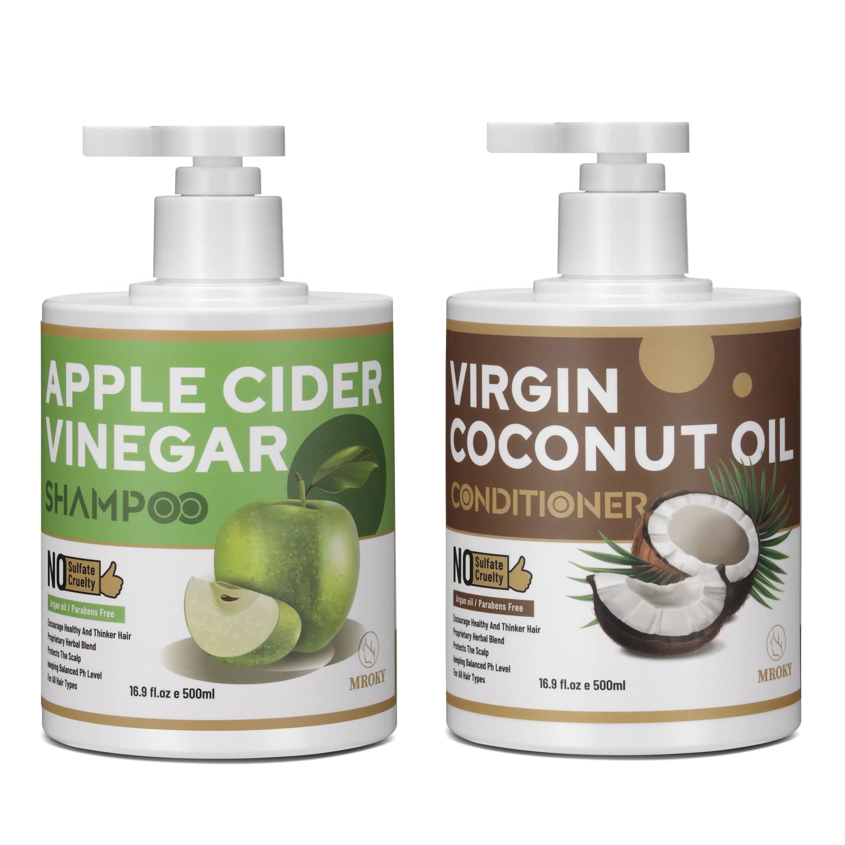 Mroky Shampoo and Conditioner Set, Apple Cider Vinegar Shampoo and Virgin Coconut Conditioner Bundle for Oily Dry Dull Damaged Curly Frizzy Hair, Sulfate, Silicone & Paraben Free, 2 x 16.9 fl oz