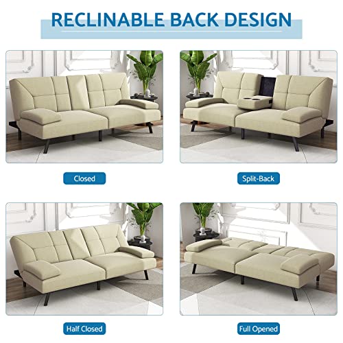 LIFERECORD Futon Sofa Bed Modern Linen Fabric Convertible Folding Lounge Couch Daybed for Living Room with 2 Cup Holders, Removable Soft Armrest and Sturdy Metal Leg, Khaki