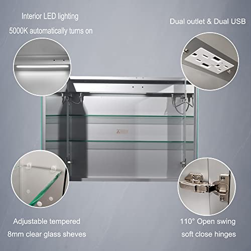 GroGro LED Bathroom Medicine Cabinet with Mirror,30" W x 26" H Lighted Medicine Cabinet,Surface or Recessed Mount,3-Layer Storage Shelves,Medicine Cabinets Can Defog,Dimming,Outlets & USBs