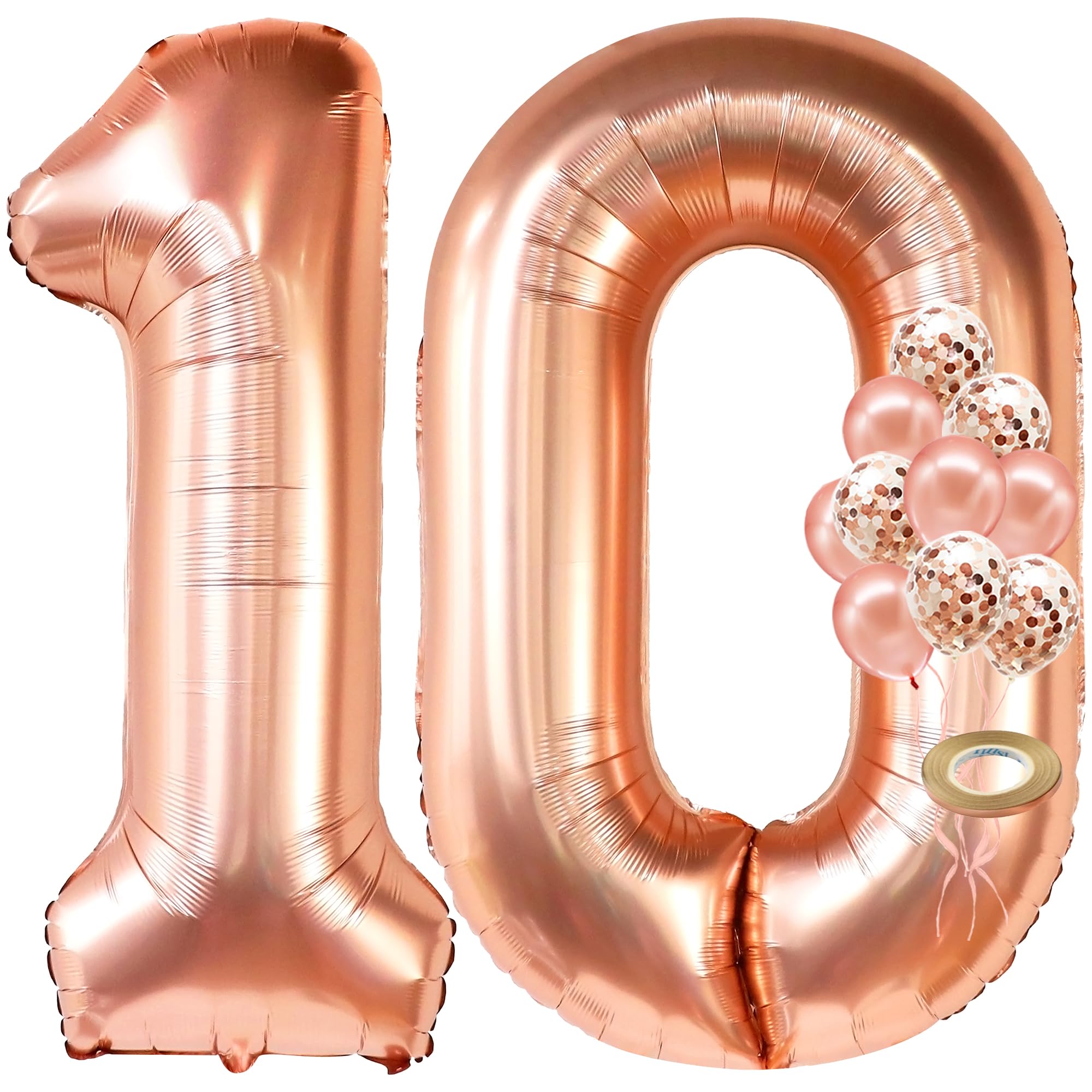 KatchOn, Giant Rose Gold 10 Balloon Number - 40 Inch, Pack of 12 | Rose Gold 10 Balloon with Confetti Balloons | Rose Gold 10th Birthday Decorations for Girls | Happy 10th Birthday Balloons for Girls