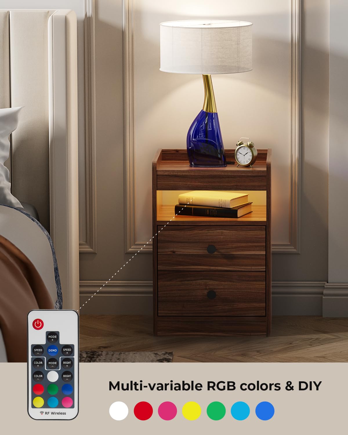 COPIAE Nightstand with Charging Station, Led Bedside Table Walnut Small, Nightstands with 2 Drawers Storage, Wood End Table with USB Ports and Outlets, Side Table for Bedroom Living Room