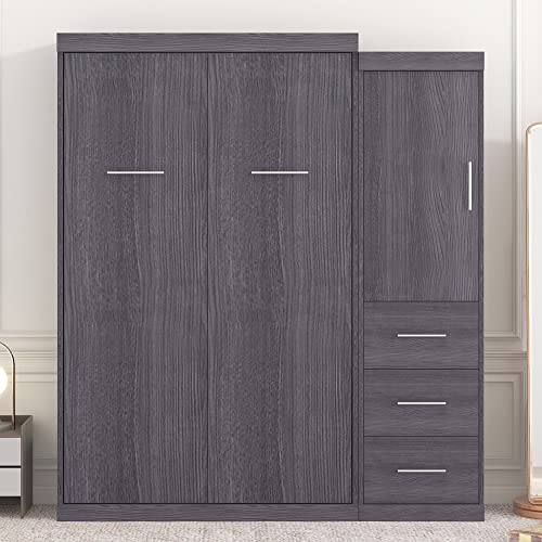 PQXM Multifunctional Full Size Murphy Bed with Wardrobe and 3 Drawers, Solid Wood Storage Bed Folds into a Cabinet, Great for Small Space Apartments Studio Guest Rooms