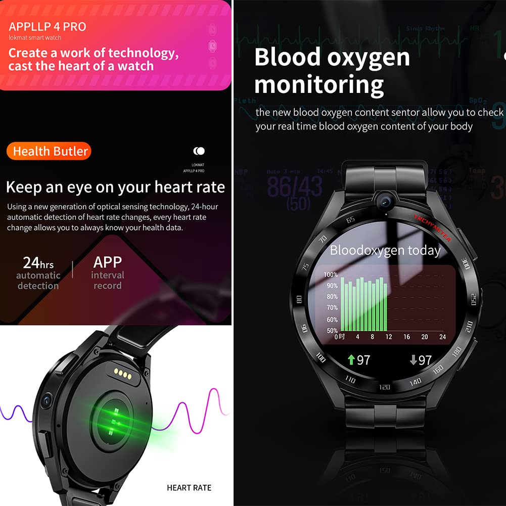 ENKUODE Android 11.0 Smart Watch 4G Touch Screen 1.6" Fitness Sport GPS Wristwatch 5MP+8MP Dual Camera Activity Tracker Video Phone Watches 6GB+128GB (B)