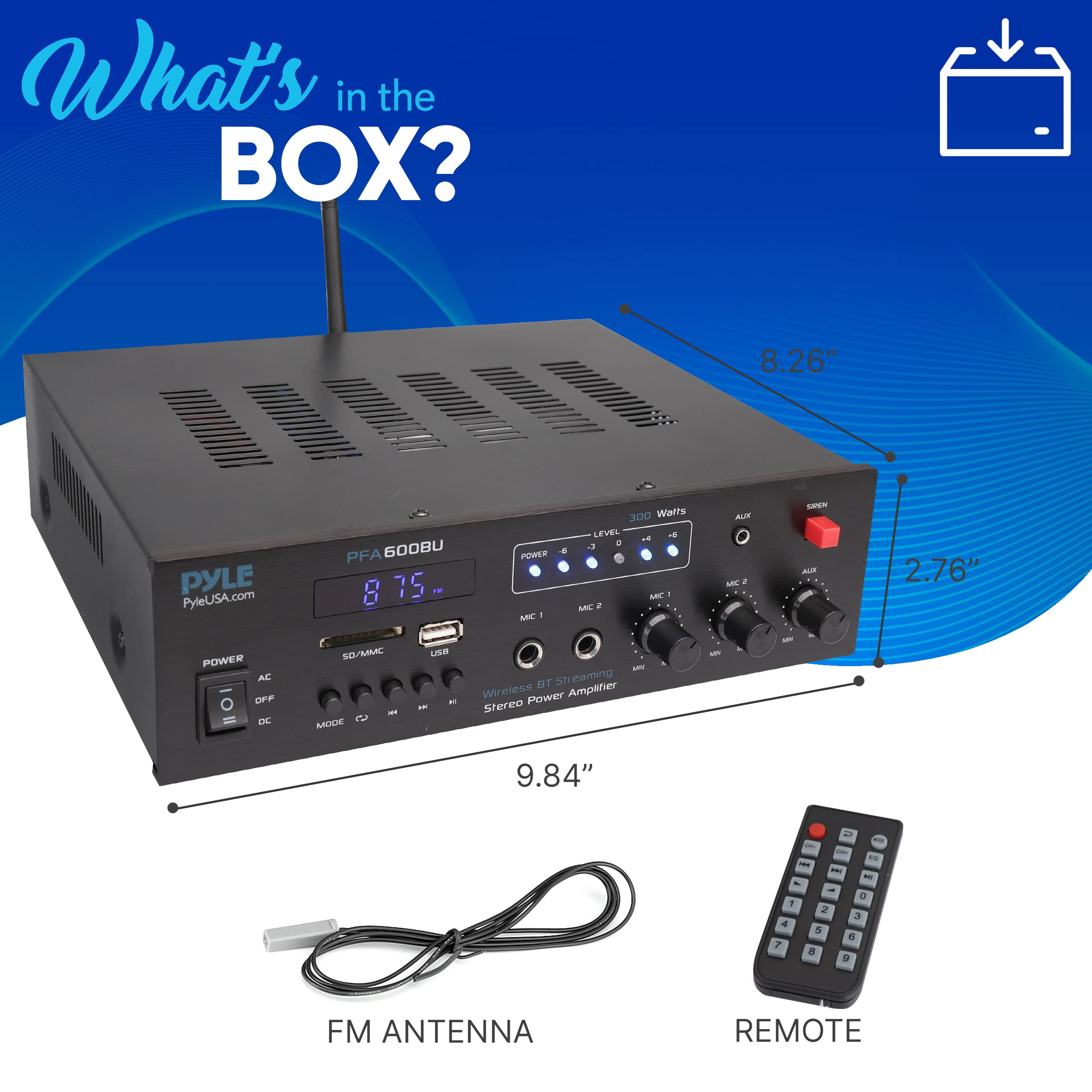 Pyle Wireless Bluetooth Karaoke Amplifier - Home Car Bus Tours 300 Watts 2 Channel Digital Home Audio PA Receiver System 2 Microphone Input Control, FM Radio, USB,12 Volt Power Option - PFA600BU