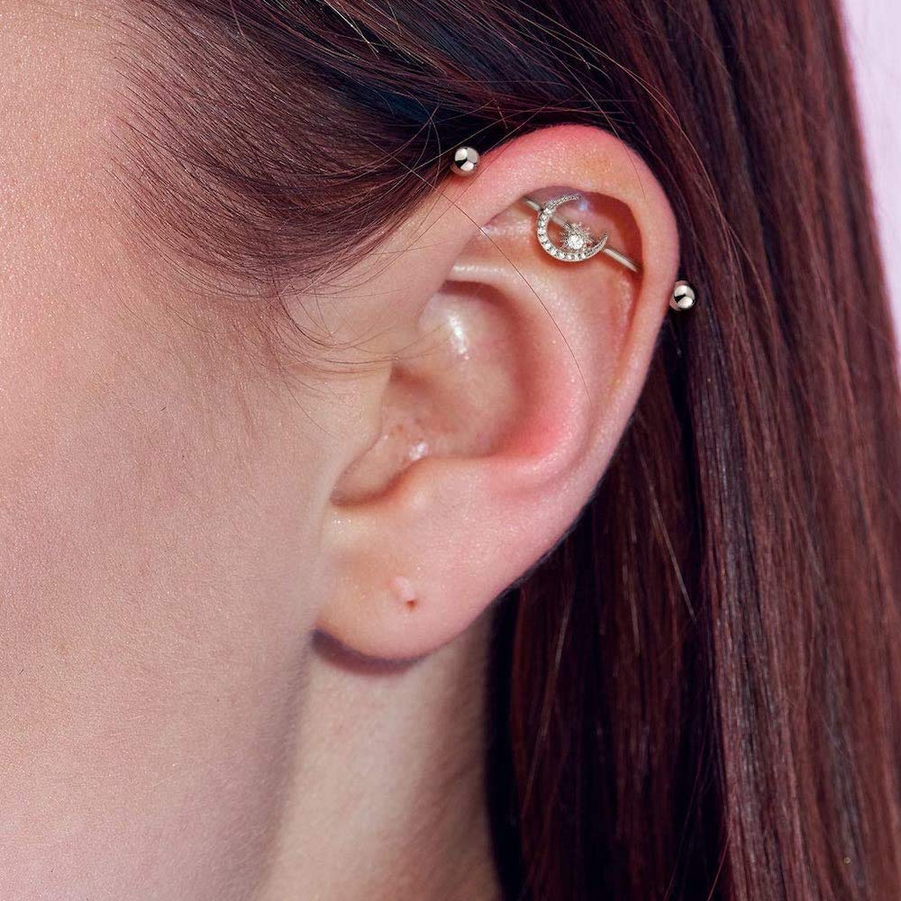 CZ Paved Moon with CZ Center Star 316L Surgical Steel Industrial Barbell (Clear)