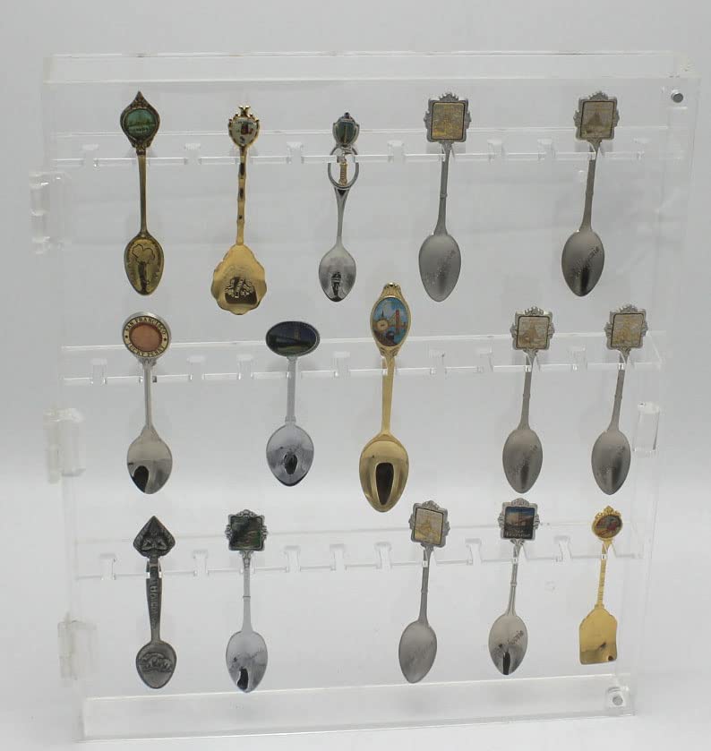 DisplayGifts All Clear Acrylic Spoon Display Case Rack to Hold 36 Souvenir or Tea Spoons Wall Mount Spoon Rack Cabinet with Door for Protection