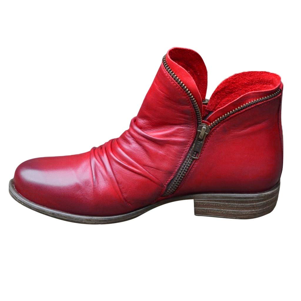 Comfortable Chelseas Boots Shoes Elastic Chunky Block High Heel Women's Casual Zipper Leather Boots Women 6 Red