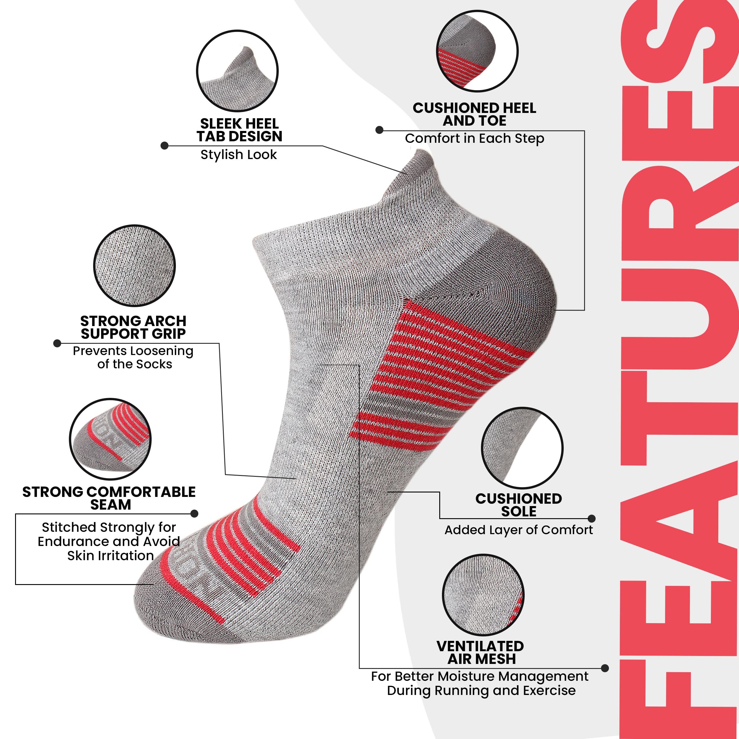 Compression Ankle Socks for Men & Women, Pack of 6, Athletic Cushioned Socks, Hiking, Running & Daily Wear, Size 7-10.