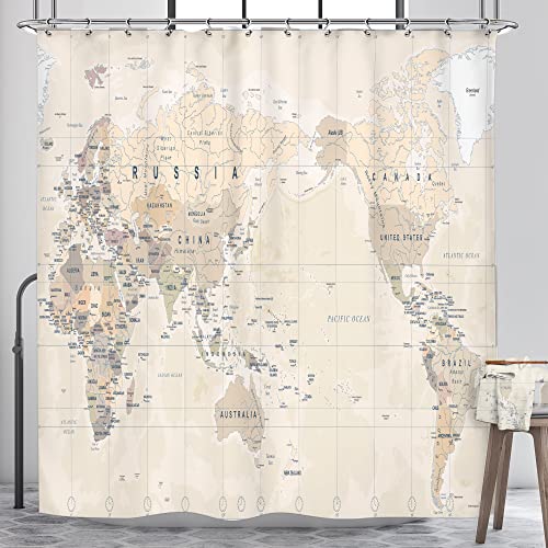 Riyidecor World Map Shower Curtain Travel Educational Vintage Geography Retro Countries Capital The Earth Decor Bathroom Fabric Set Polyester Waterproof Fabric 72Wx72H Inch 12 Pack Plastic Hooks