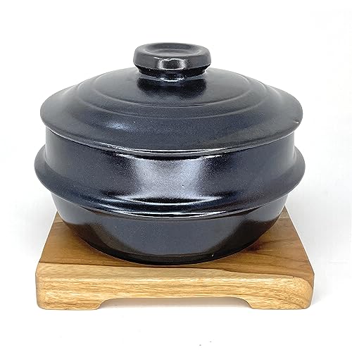 Korean Stone Pot(Dolsot,Ttukbaegi) with Lid, 32oz Premium Ceramic Hot Pot for Bibimbap and Soup, Sizzling for Authentic Korean Cooking, Includes Wooden Tray Set