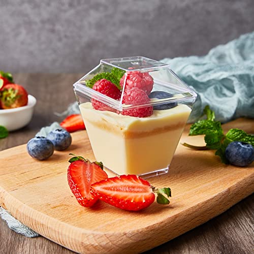 Qeirudu 50 Pack 3.5 oz Mini Dessert Cups with Lids and Spoons - Parfait Cups with Lids Plastic Square Shooter Cups for Party Appetizers Pudding Mousse Triffle