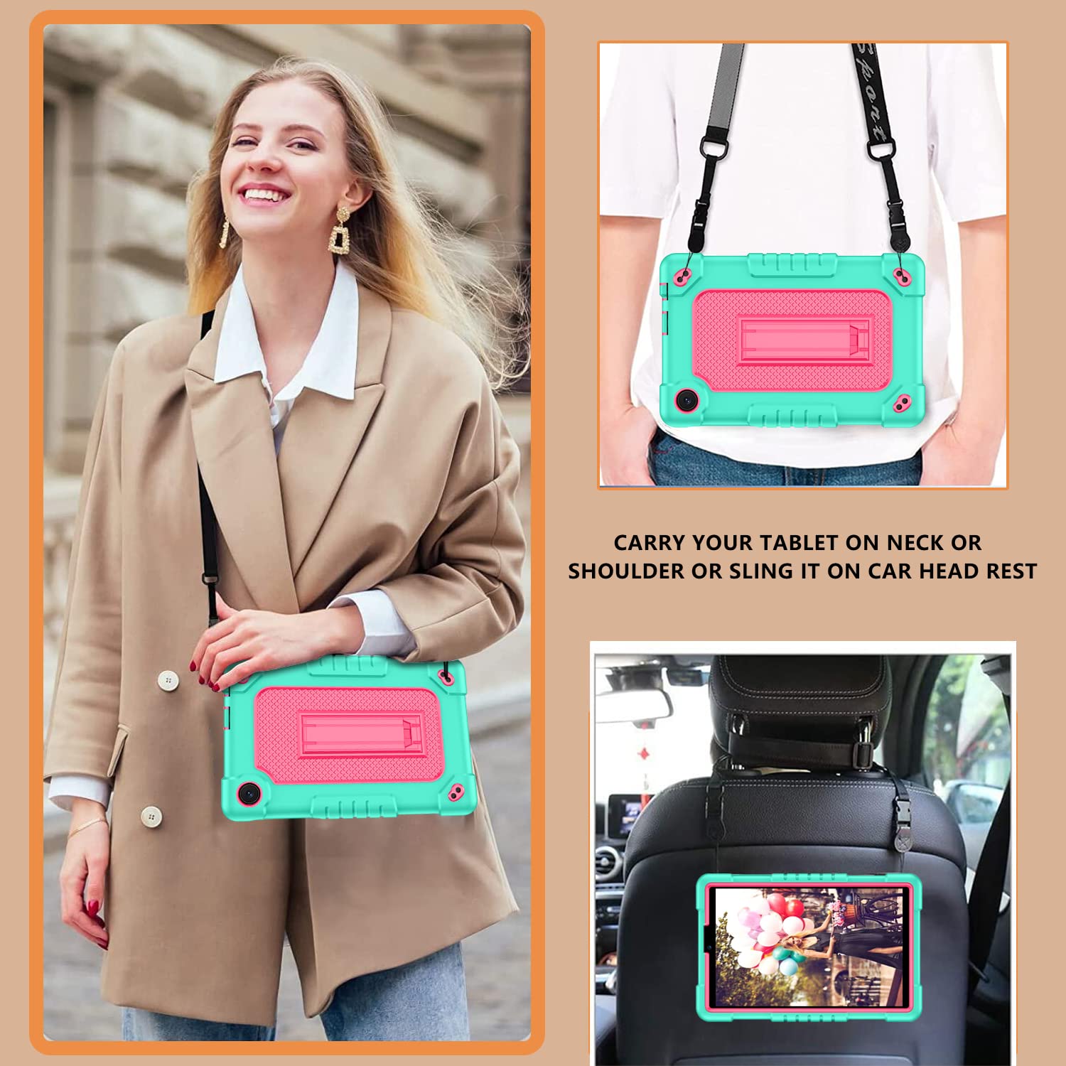 FIEWESEY for TCL Tab 8 LE Tablet Case,for TCL Tab 8 Plus Tablet Case,Shoulder Strap Shockproof Kids Friendly Case for TCL Tab 8 LE/TCL Tab 8 WiFi/TCL TAB 8V/TCL Tab 8 SE 8 Inch Tablet(Green/Pink)