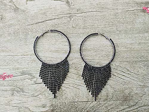 CZ Tassel Statement Drop Dangle Large Hoop Earrings for Women Cubic Zirconia Fringe Dangling Huggie Big Hoops Hypoallergenic Piercing Stud Lightweight Earring Wedding Party Jewelry (Black)
