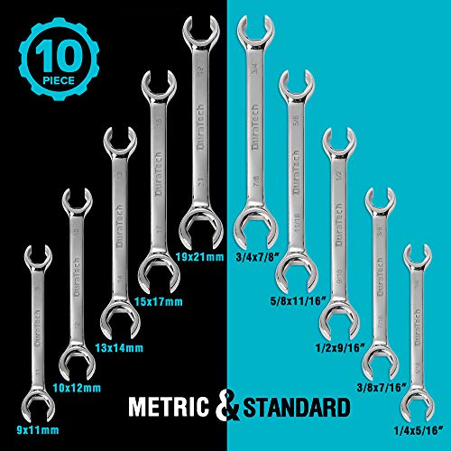 DURATECH Flare Nut Wrench Set, Standard & Metric, 10-Piece, 1/4" to 7/8'' & 9-21mm, CR-V Steel, Organizer Pouch Included