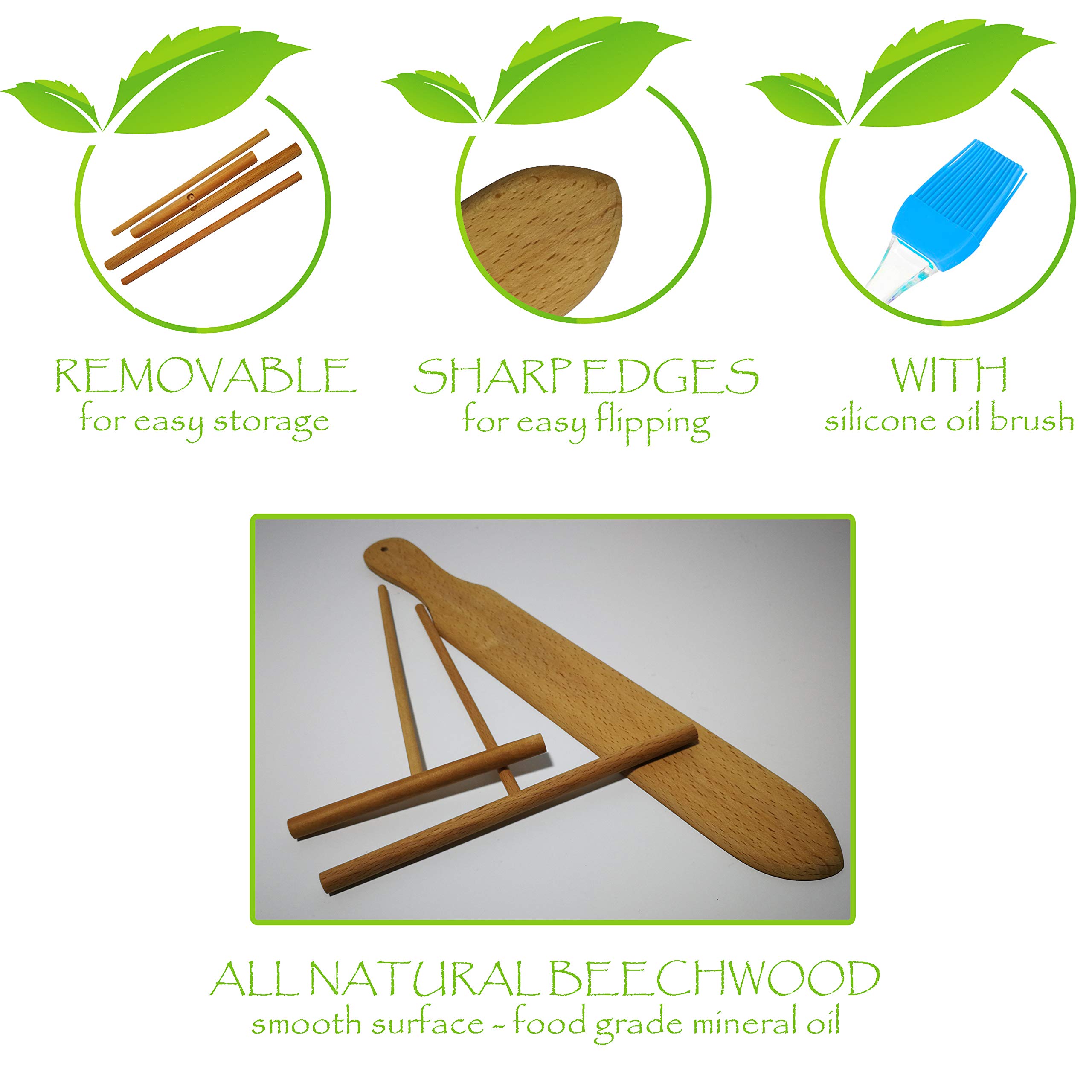ROLLBURY Crepe Spreaders and Spatula Set 5 and 7 Inches All Natural Beechwood Removable Easy Storage Convenient Sizes to Fit Any Crepe Pan Maker Great For Pancakes and Comes with Silicone Brush