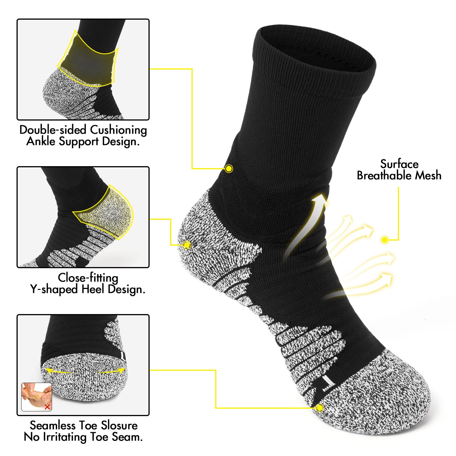 Compression Running Socks for Men Work Boots Compression Athletic Cushioned Crew Socks Moisture Wicking Socks for Basketball Hiking cycling Black-grey