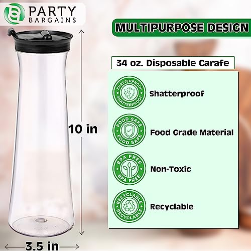 Party Bargains 34 oz. Water Carafe with Flip Tab Lids - 1 Pack, Black Lid Premium Quality & Heavy Duty Carafe - Excellent for Milk, Water, Iced Tea, Powdered Juice, Cold Brew, Mimosa Bar