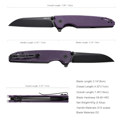 EMHTiii Pocket Knife Folding Knives: 3.14" Stainless Steel Black Blade