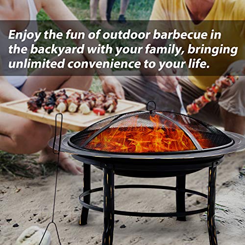 Fire Pit 28 Inch Outdoor Wood Burning BBQ Grill Firepit Bowl for Camping Picnic Bonfire Patio Backyard Garden Beaches Park with Carry Bag,Mesh Spark Screen Cover,Log Grate,Black