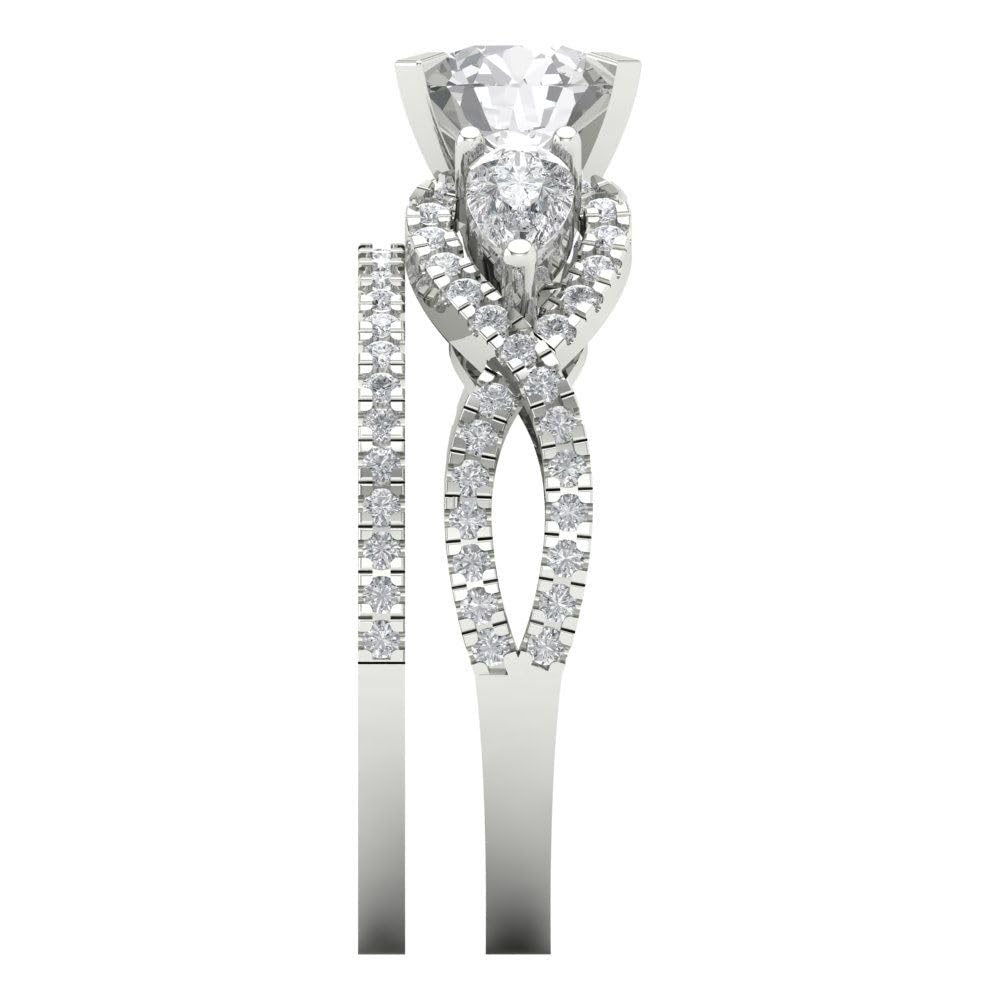 Clara Pucci 2.0ct Round Cut Solitaire 3 stone Genuine Moissanite Engagement Promise Anniversary Bridal Ring Band set 18K White Gold 10.5