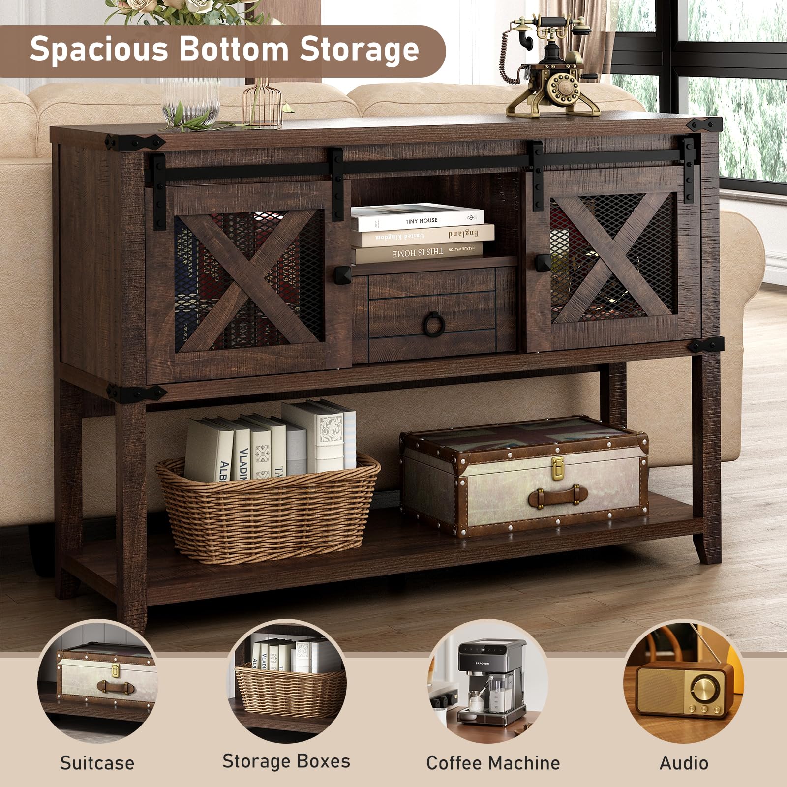 Hlivelood Farmhouse Entryway Table with 2 Sliding Barn Doors & Drawer, 46'' Rustic Console Table with Storage, Open Shelf Space, Industrial Sofa Table for Living Room, Entryway, Hallway, Brown