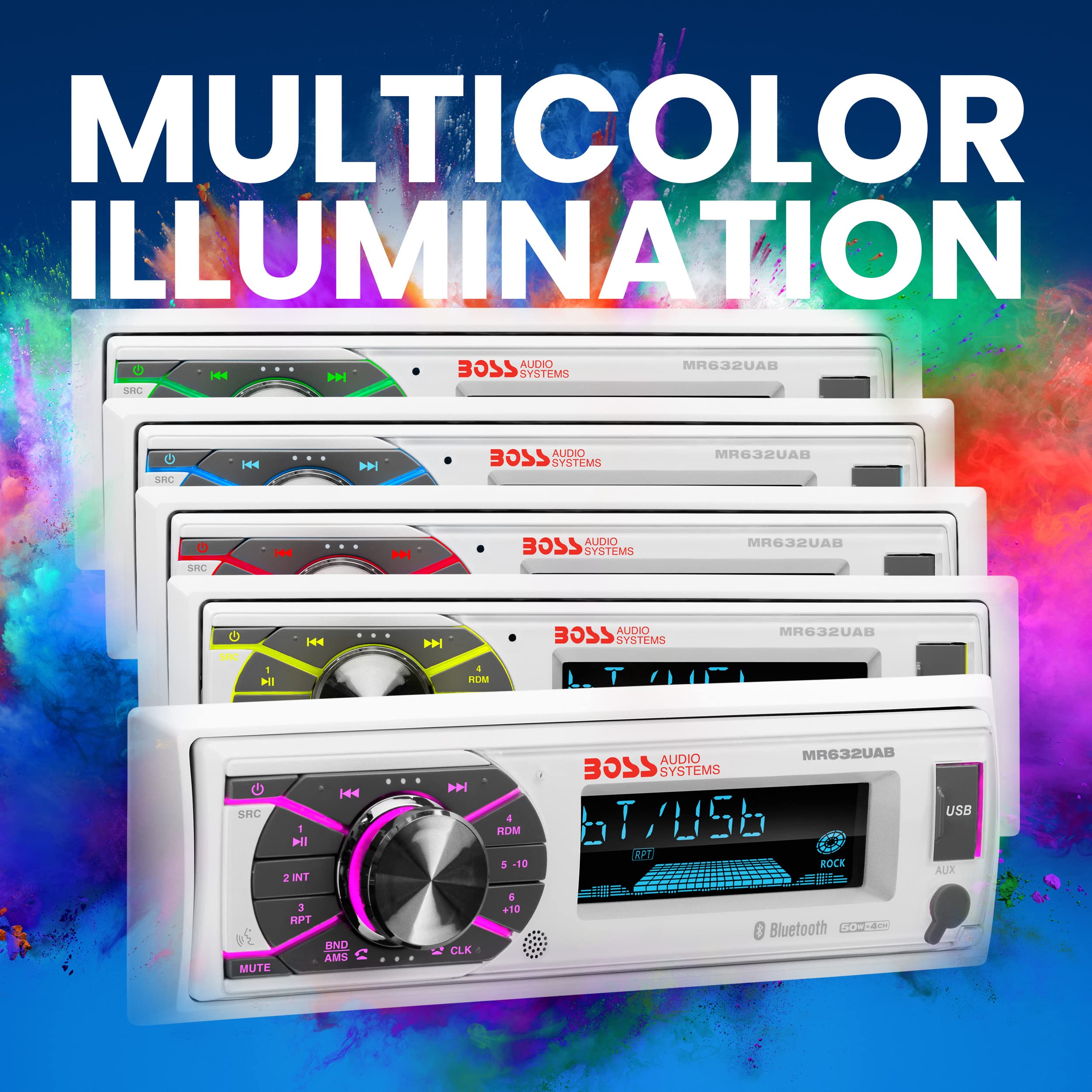 Boss Audio Systems MR632UAB Marine Receiver – Weatherproof, Bluetooth Audio and Hands-Free Calling, USB, MP3, AM/FM, Aux-in, No CD Player, RGB Multi-Color Illumination, Detachable Front Panel, white
