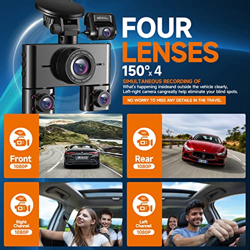 HUPEJOS V7 360° Dash Cam, 4 Channel Quad Camera FHD 1080P*4 Front, Left, Right, and Rear with WiFi, Adjustable Lens Dash Camera for Cars with Night Vision, Free 128GB Card, 24 Hours Parking Mode